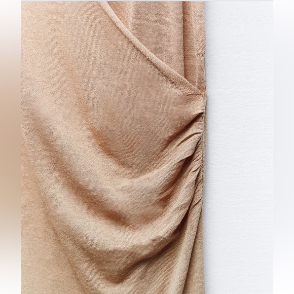 Zara | Dresses | Zara Linen Blend Ruched Knit Midi Dress Sand Color Nwt ...